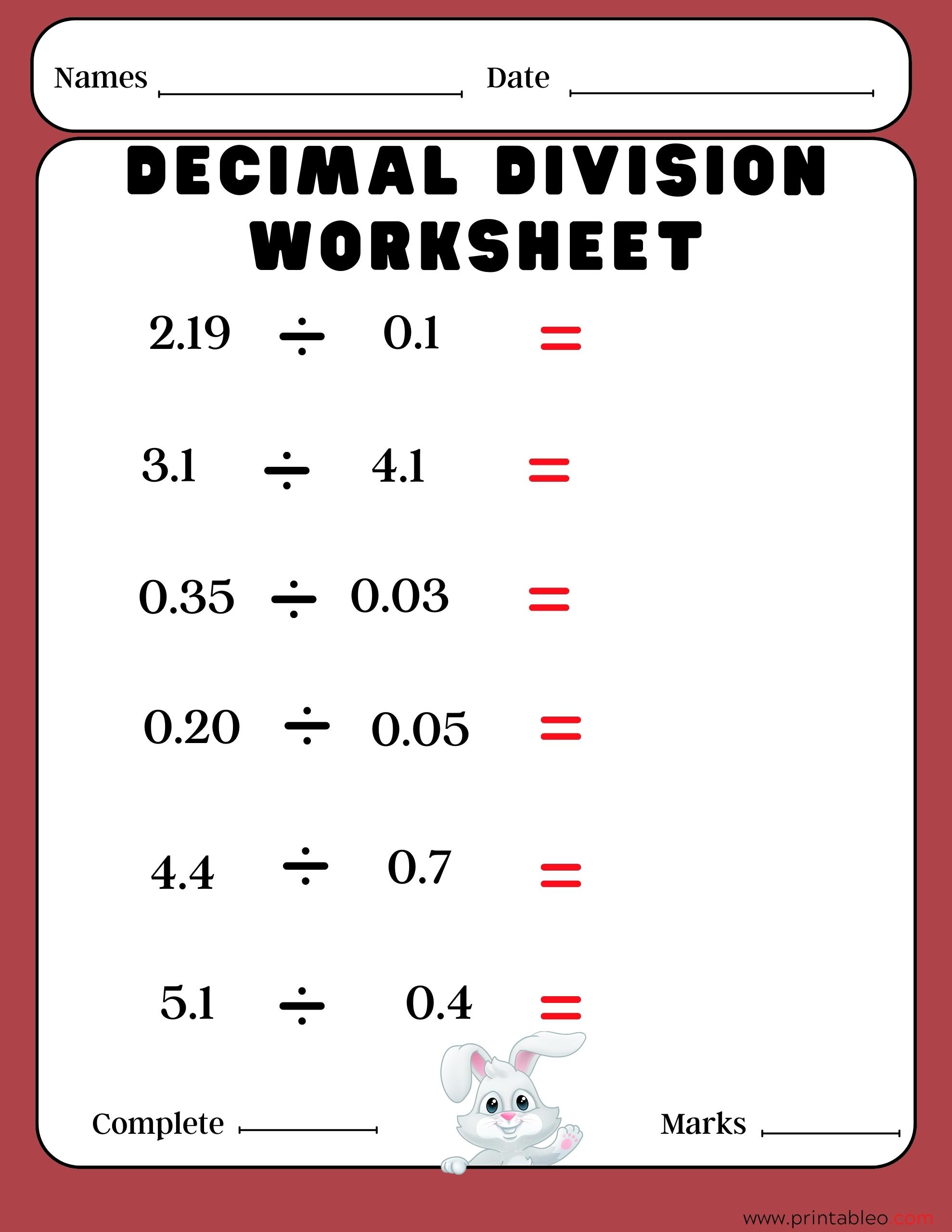 41+ Decimal Division Number Worksheet With Lesson Plan